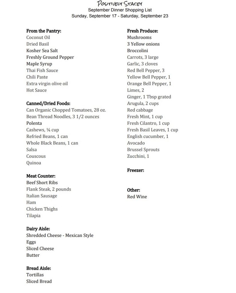 September Week Three Dinner Menus and Shopping List - Positively Stacey